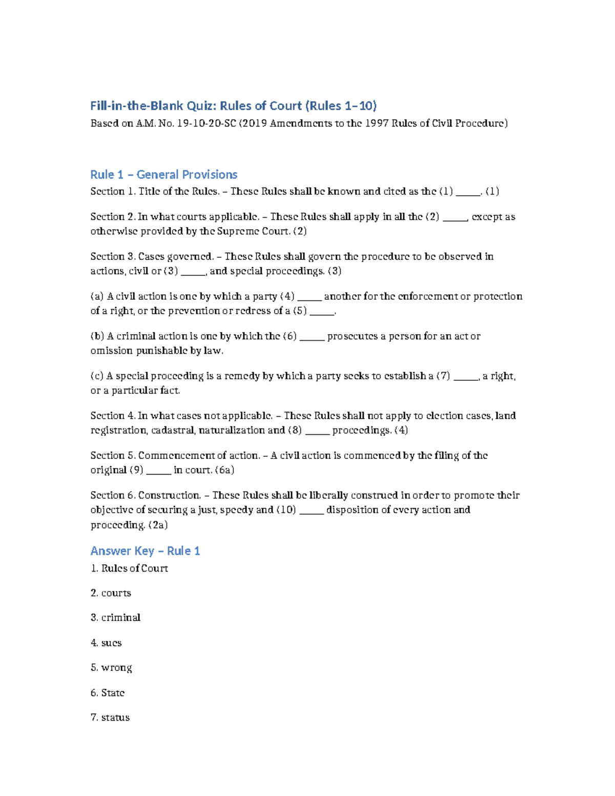 Quiz: Fill in the Blanks on Rules of Court (A.M. No. 2019) - Studocu