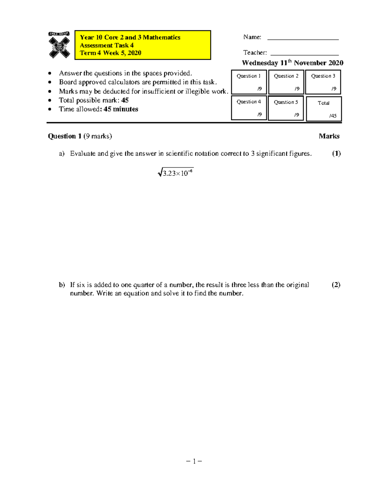 2020 Y10 Core 2 and 3 AT4 - Math past paper - Answer the questions in ...
