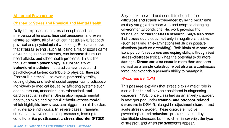 Abnormal Psychology Chapter 5: Stress, Health, and PTSD Insights - Studocu