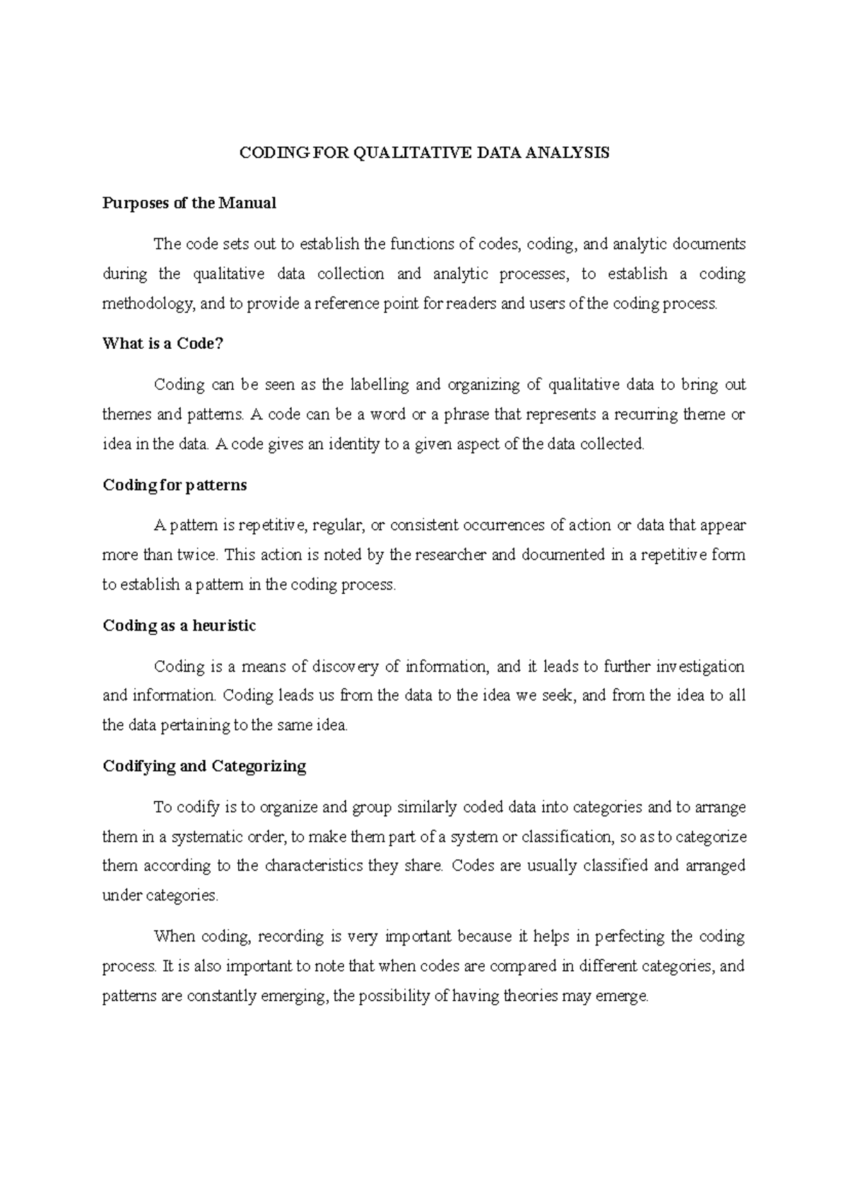 Coding For Qualitative Data Analysis Coding For Qualitative Data Analysis Purposes Of The