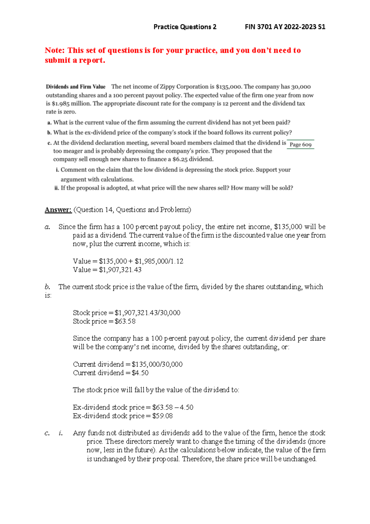 Practice Questions Set 2 for Financial Management (FM 101) - Studocu