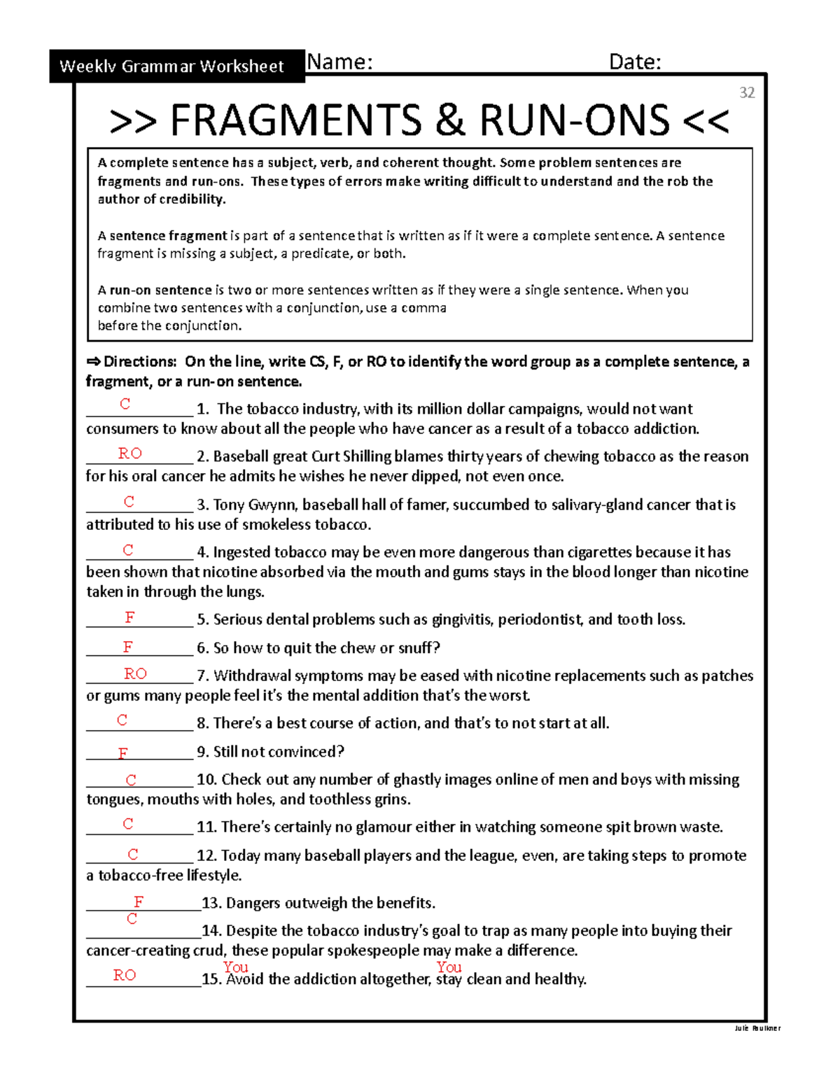 Fragments and Run-ons Grammar Worksheet - Madison Sauceman - Studocu