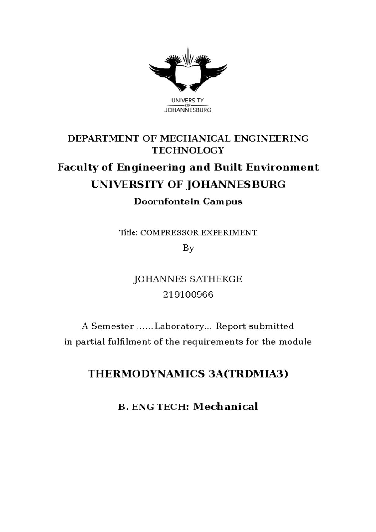 Compressor lab experiment - DEPARTMENT OF MECHANICAL ENGINEERING ...