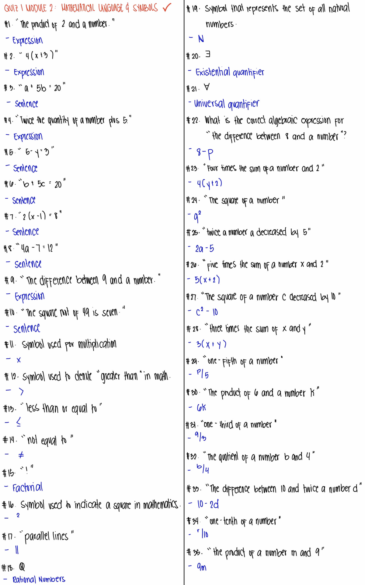 QUIZ 1 MODULE 2: MATHEMATICAL LANGUAGE & SYMBOLS - Studocu