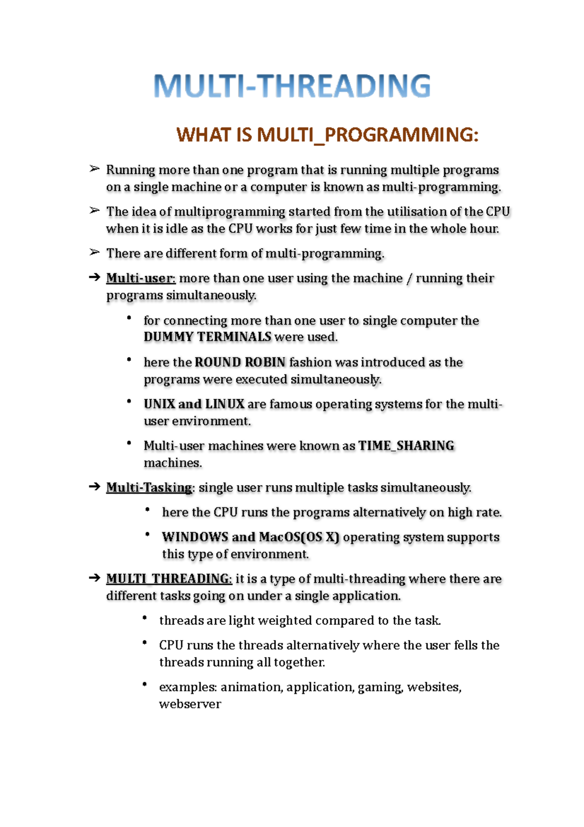 OOPS Topic Notes: Multi-Threading Overview and Key Concepts - Studocu