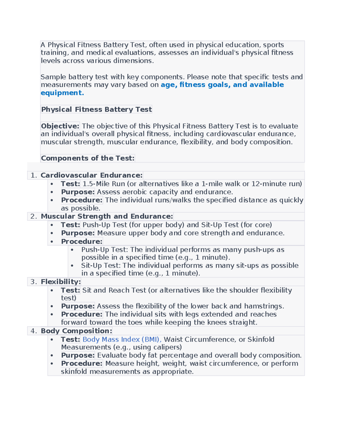 Physical Fitness Battery Test Guide for P.E. and Sports Training - Studocu