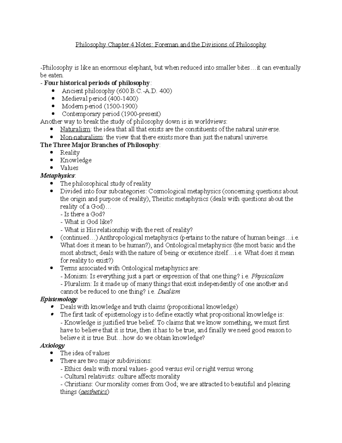 Philosophy Chapter 4: Divisions, Branches, and Major Concepts - Studocu