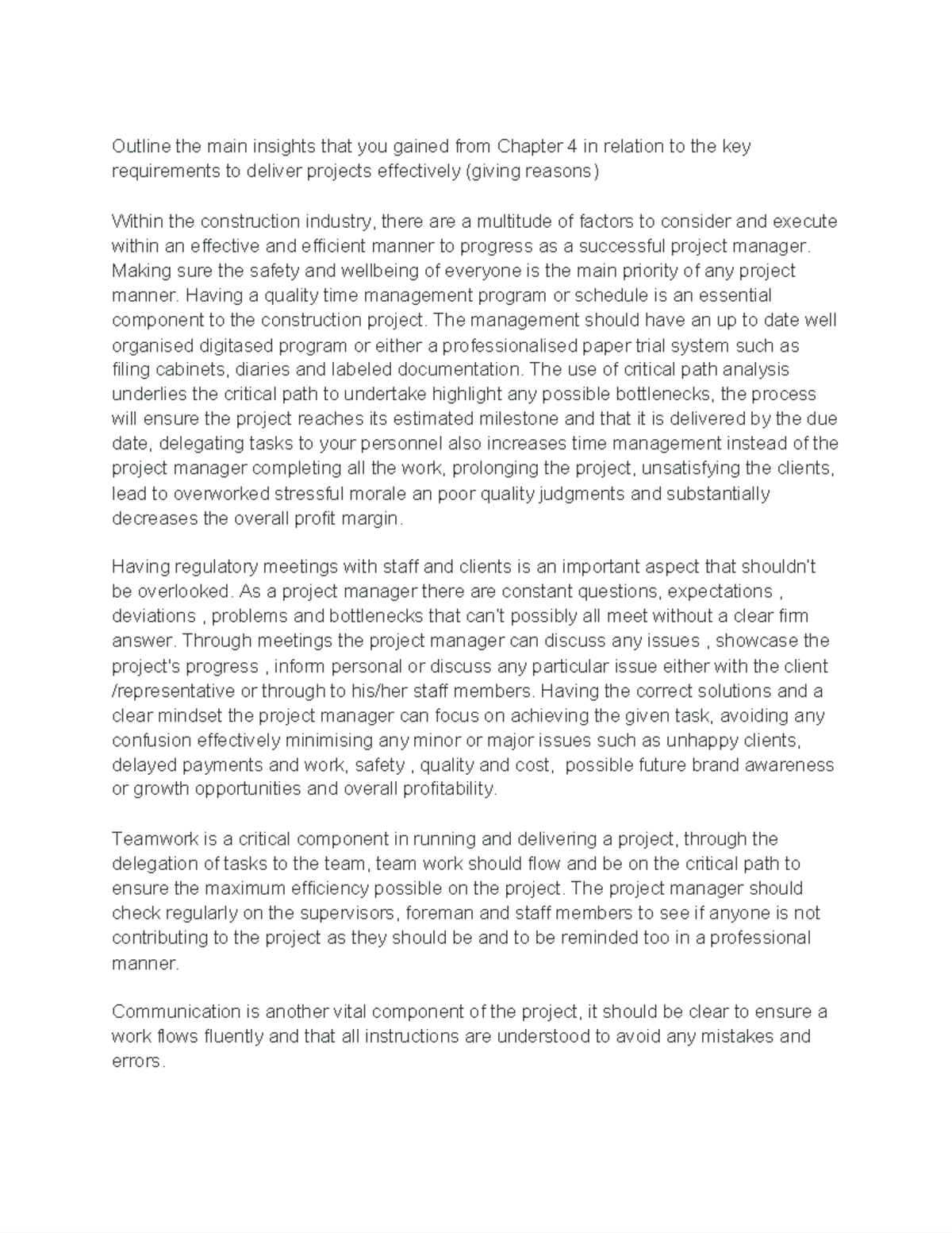Project Management Insights from Chapter 4 Essay (Course Code: PM101 ...