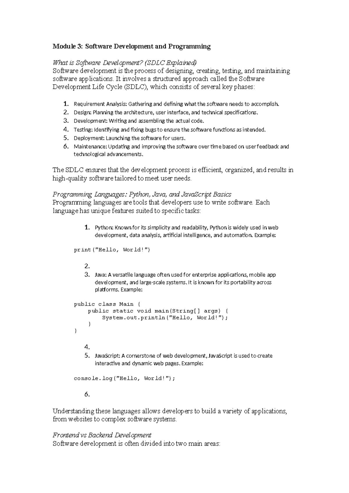 Module 3 IT - Lecture Notes on Software Dev, Programming & Databases ...
