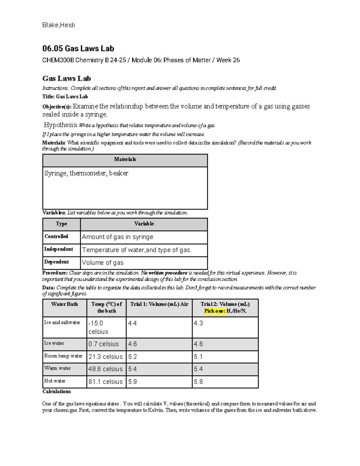 Gas Laws Lab Report - CHEM300B Week 26: Phases of Matter - Studocu