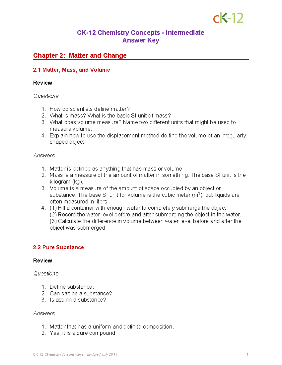CHS Ch 02 Matter and Change Answer Key and Review Questions - Studocu