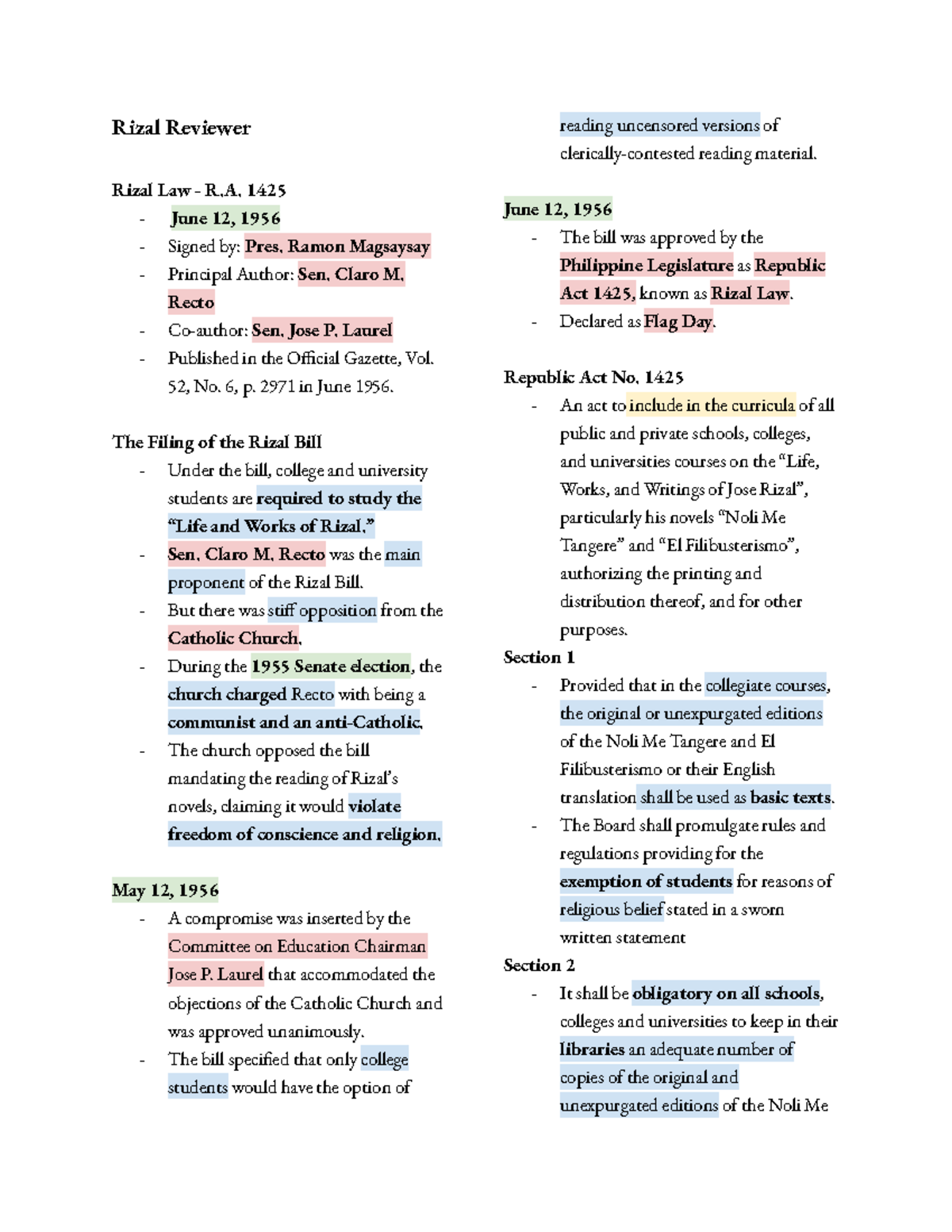 Rizal Law R.A. 1425: Comprehensive Prelim Reviewer - Studocu