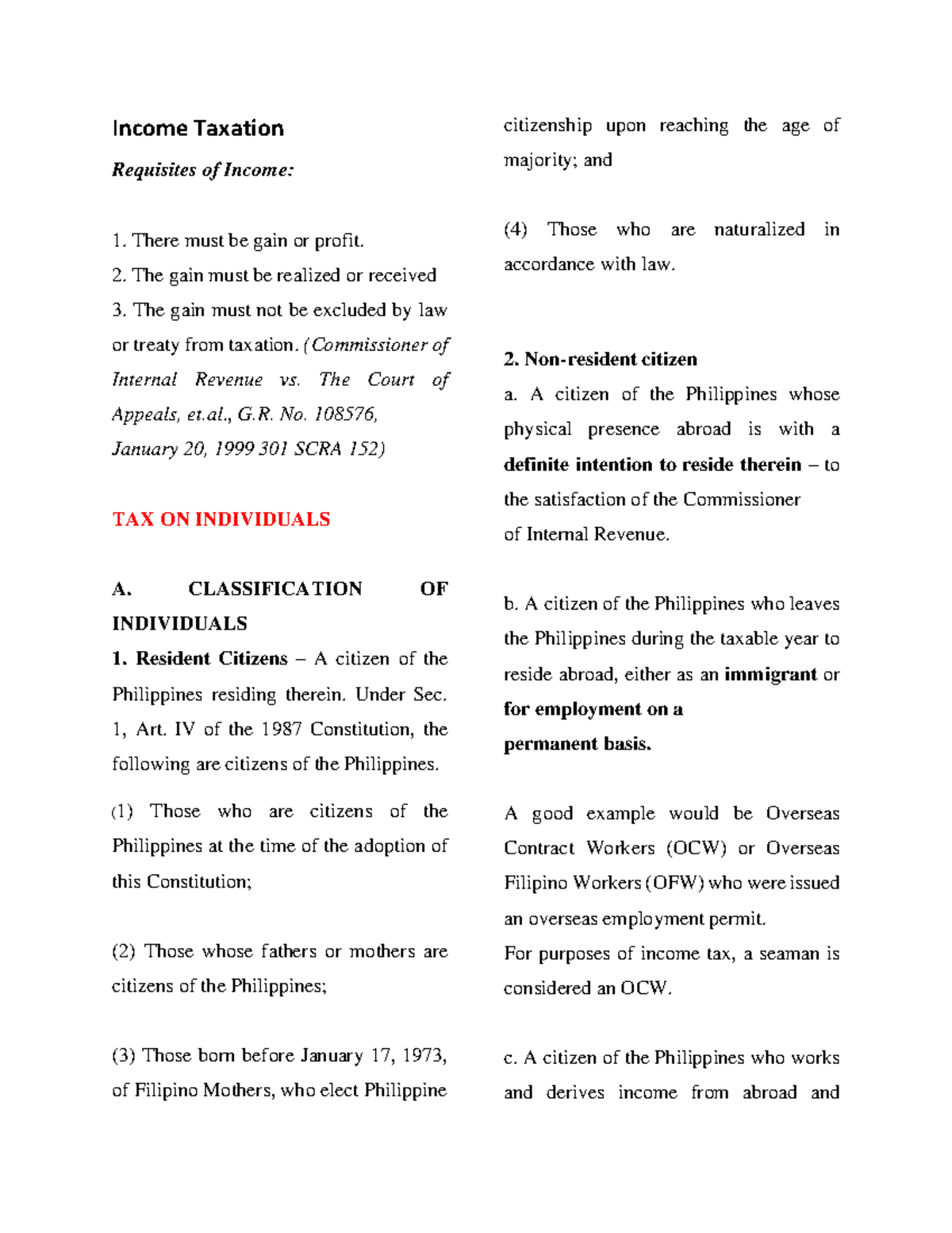 Income Taxation Classification OF Individuals - Income Taxation ...