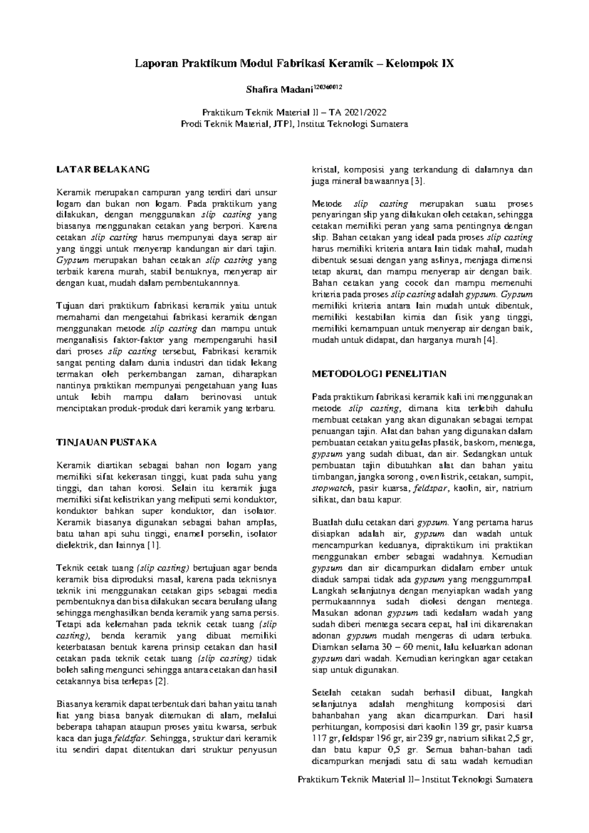 Laporan Praktikum Modul Fabrikasi Keramik Teknik Material II - Shafira ...