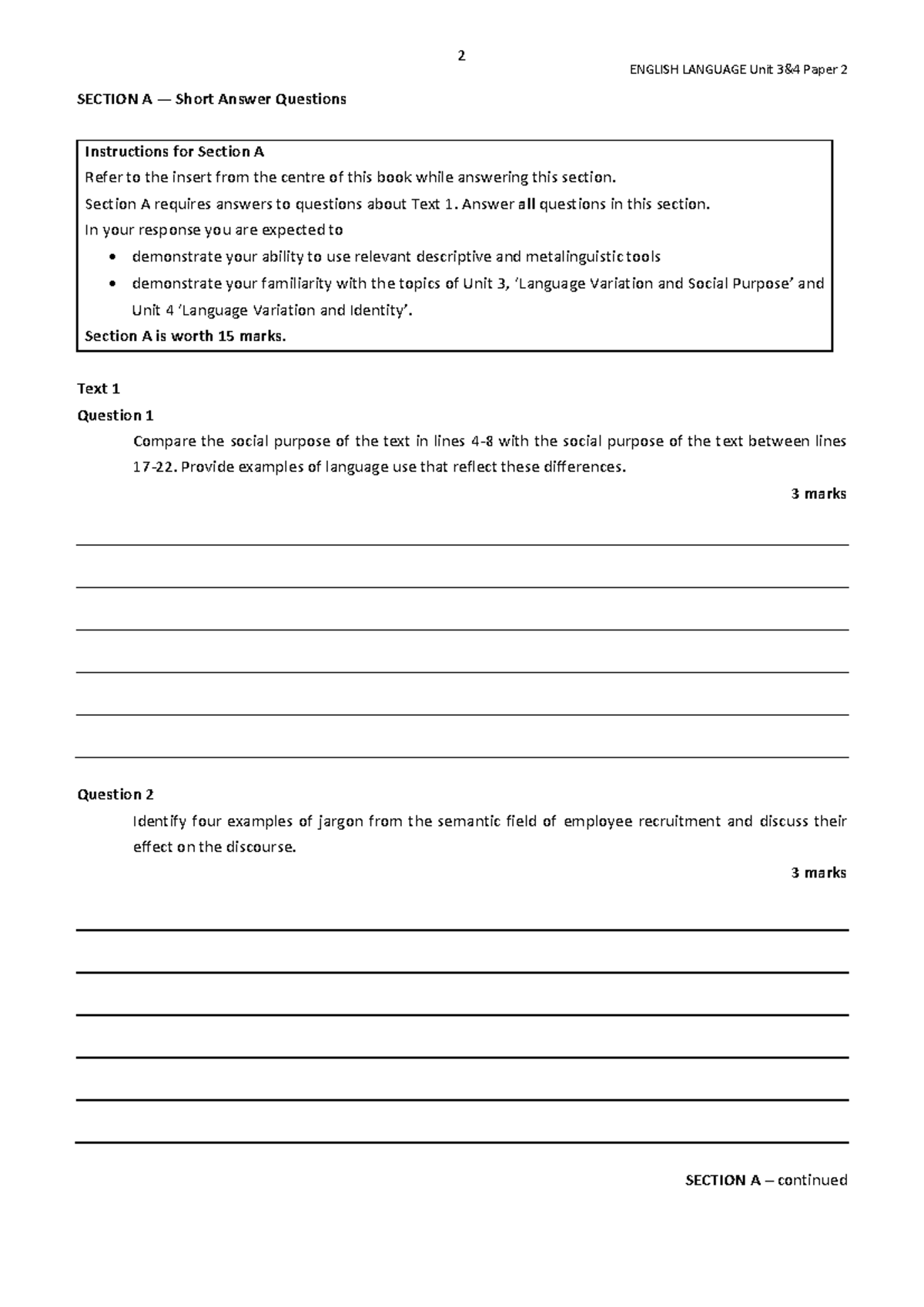 ENGLISH LANGUAGE Unit 2 Paper 2 Short Answer Questions Guide - Studocu