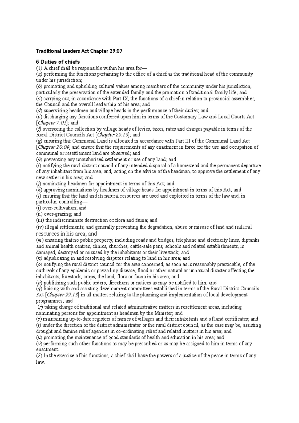 Traditional Leaders Act Chapter 29:07 - Duties of Chiefs Explained ...