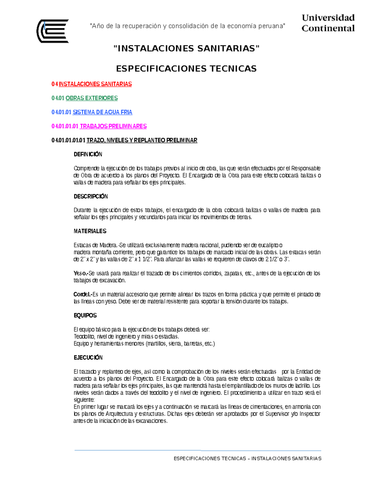 Especificaciones Técnicas 04: Instalaciones Sanitarias y Obras Exteriores - Studocu