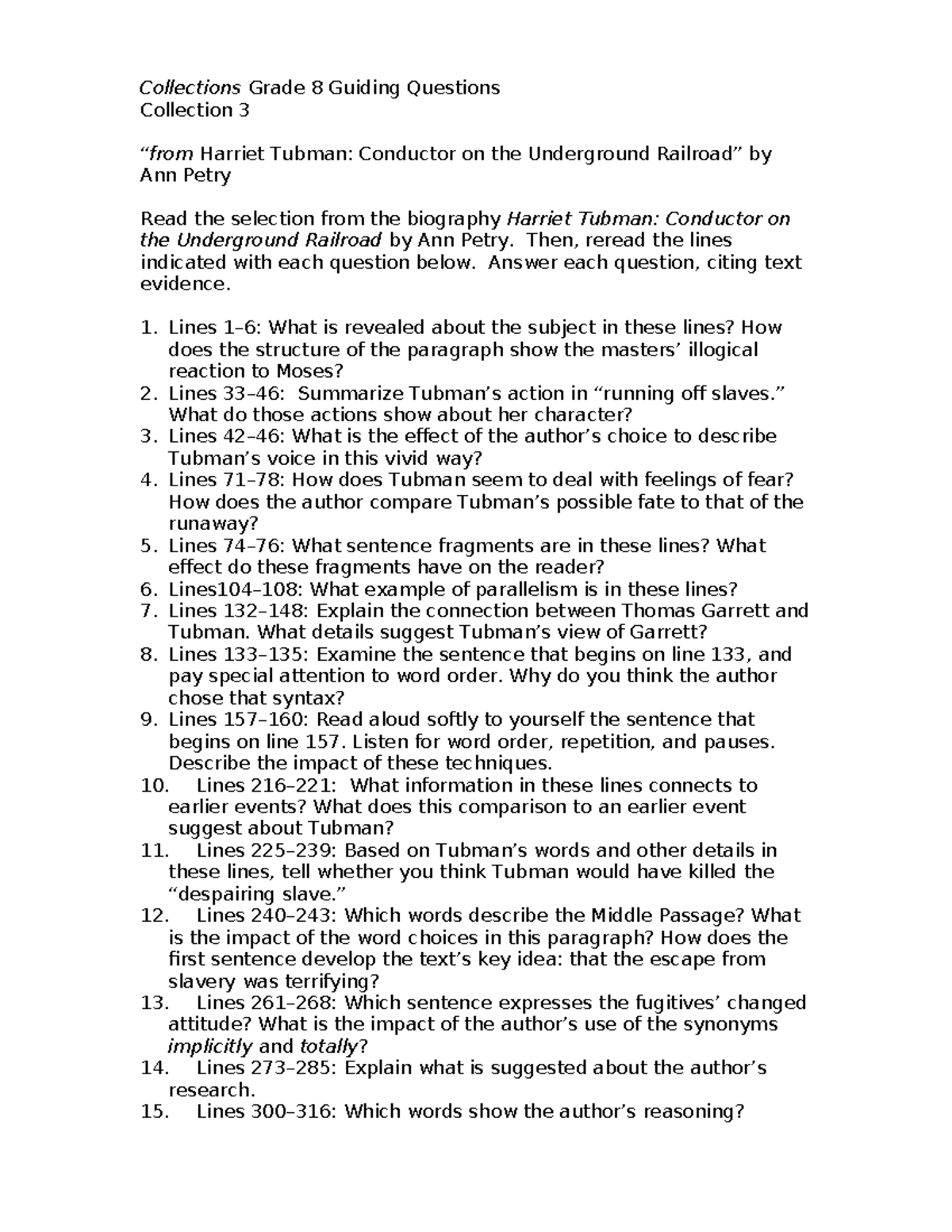 Harriet Tubman Guiding Questions - Collections Grade 8 Guiding ...