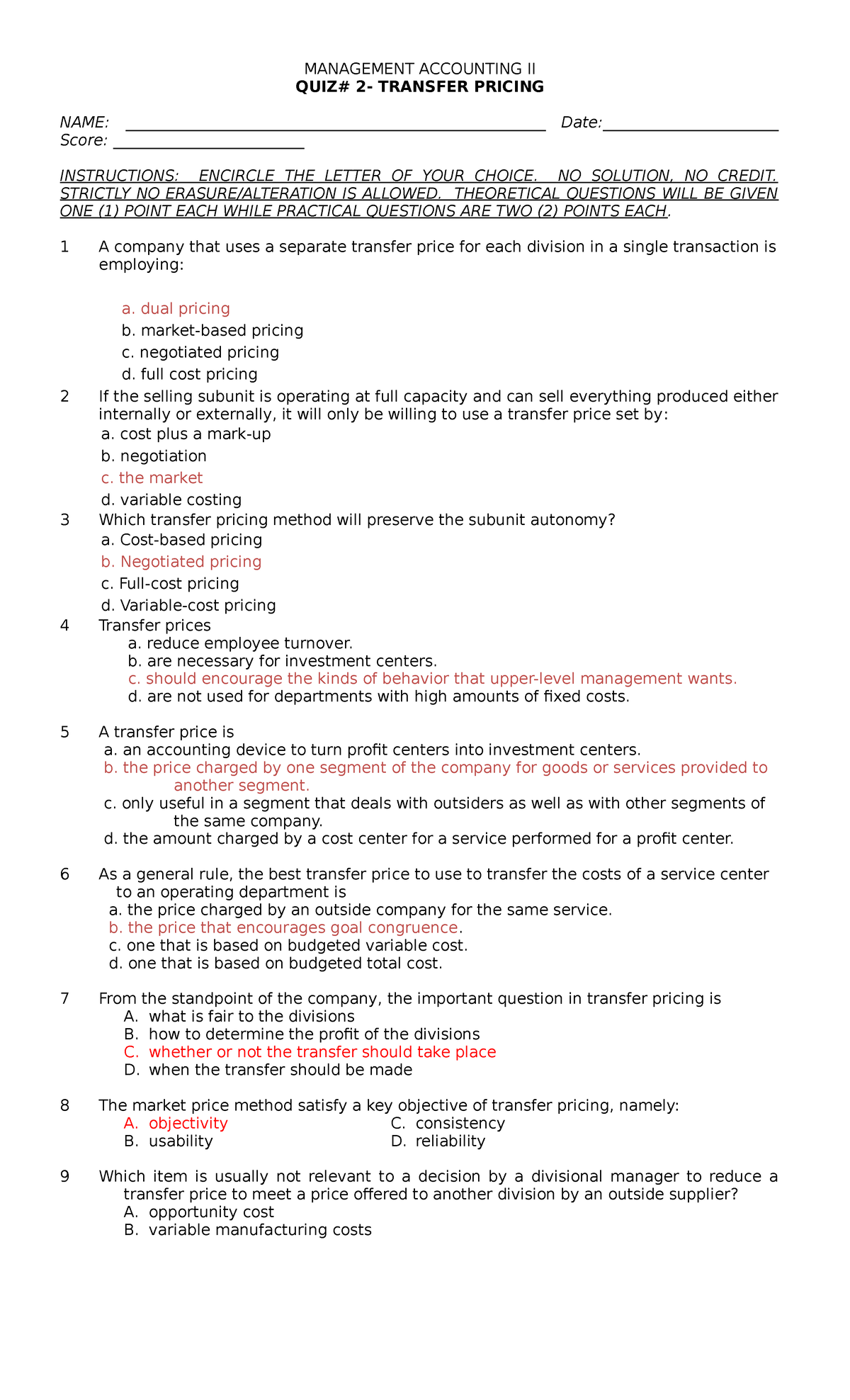 Pdfcoffee - Sample Theory and Problem Questions on Transfer Pricing - MANAGEMENT ACCOUNTING II ...