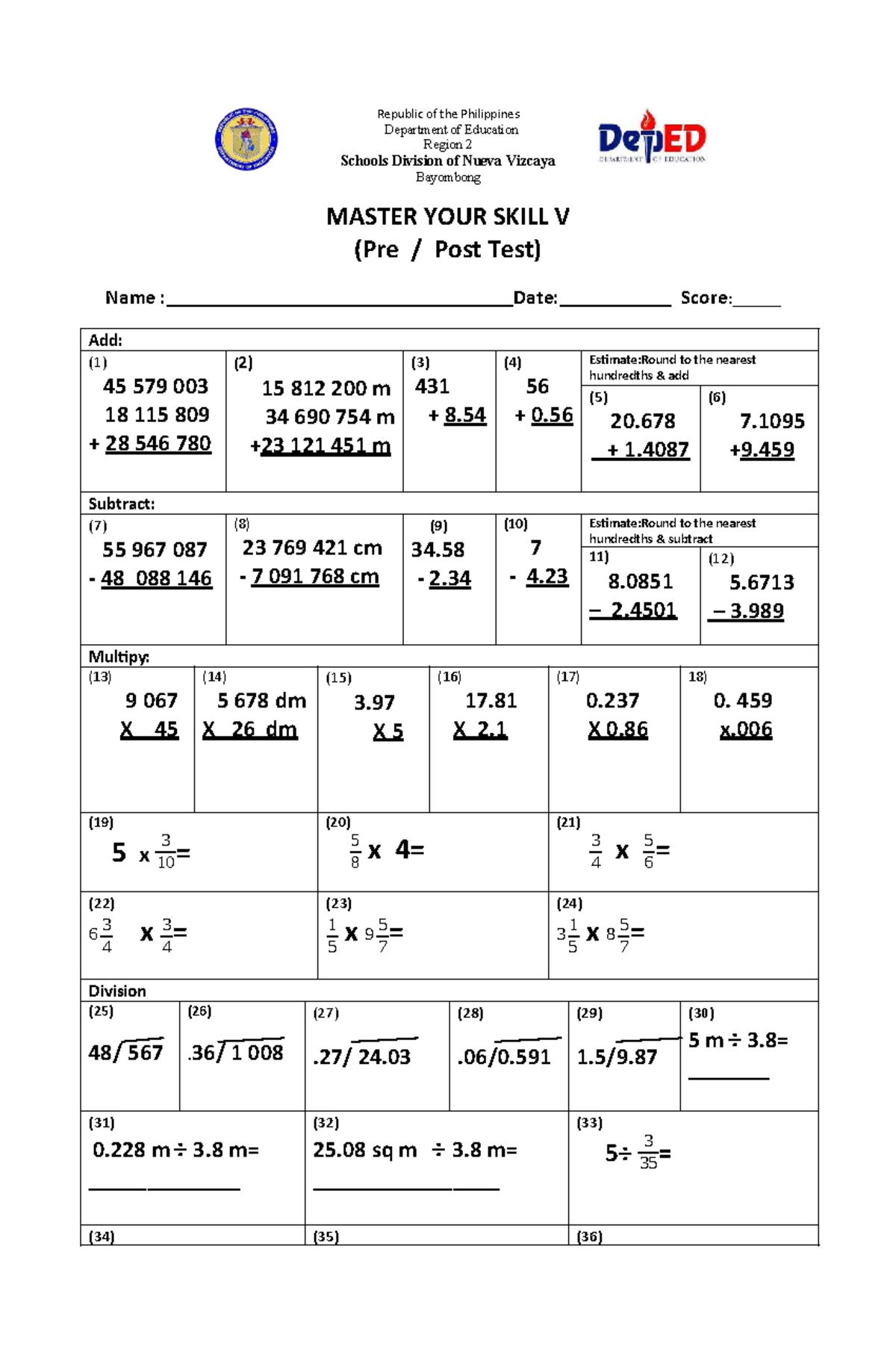 MYS Grade 5 - Mastering Skills (Pre Post Test) - Studocu