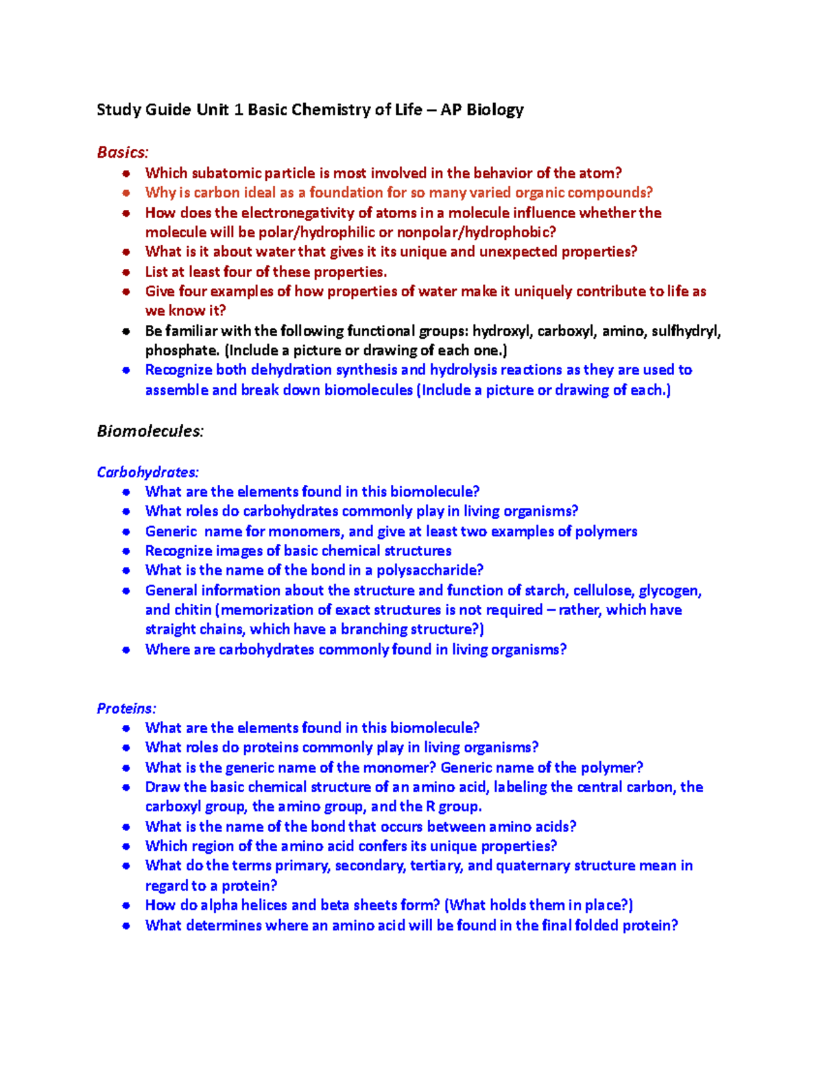 Study Guide: Basic Chemistry of Life - AP Biology (Unit 1) - Studocu