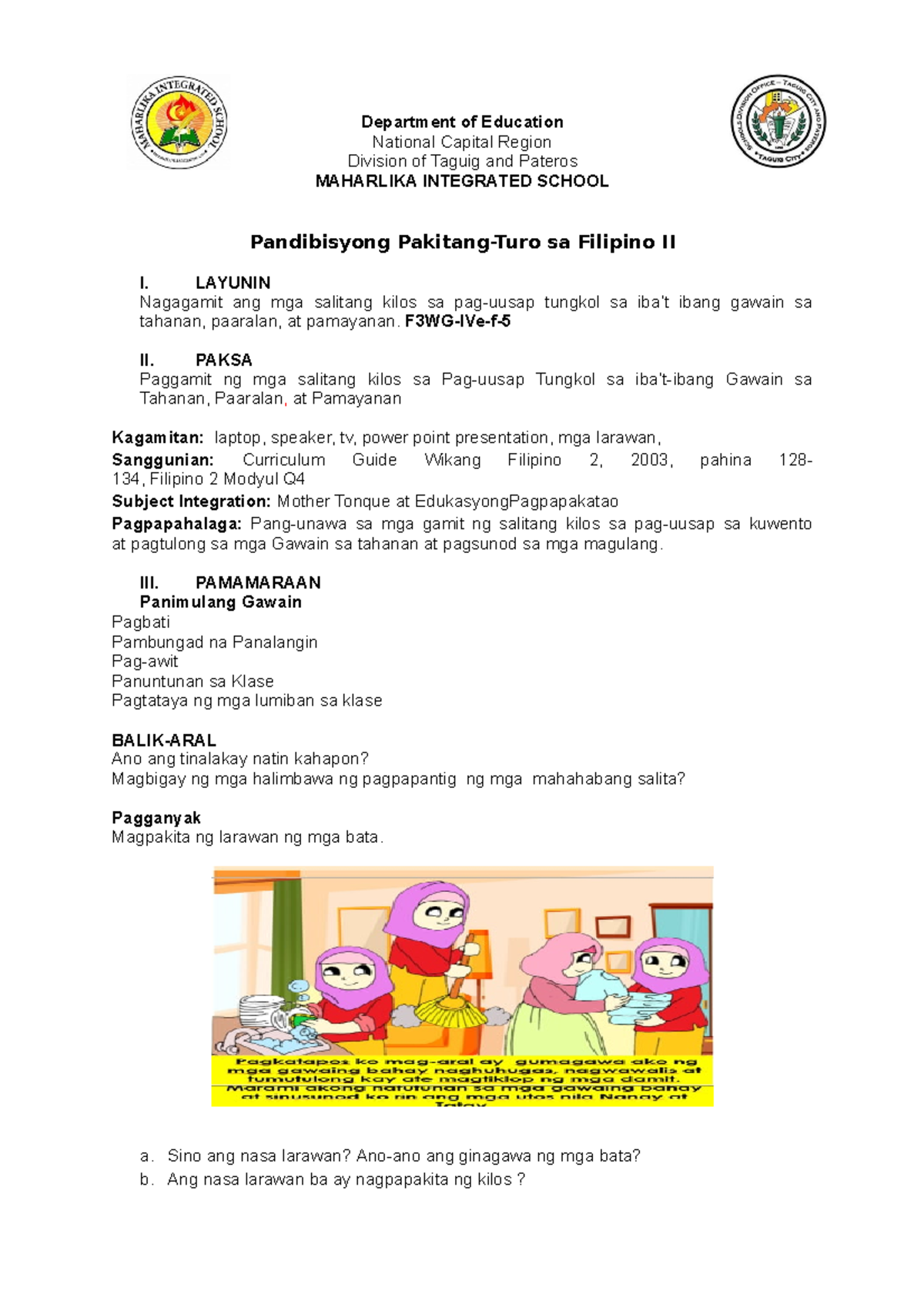 Lesson Plan: Integrating Filipino II Skills for Grade II Class - Studocu