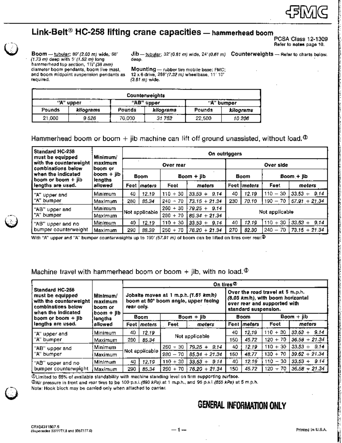 FMC Load Chart for 200 Ton Link Belt HC258 Crane Capacities - Studocu