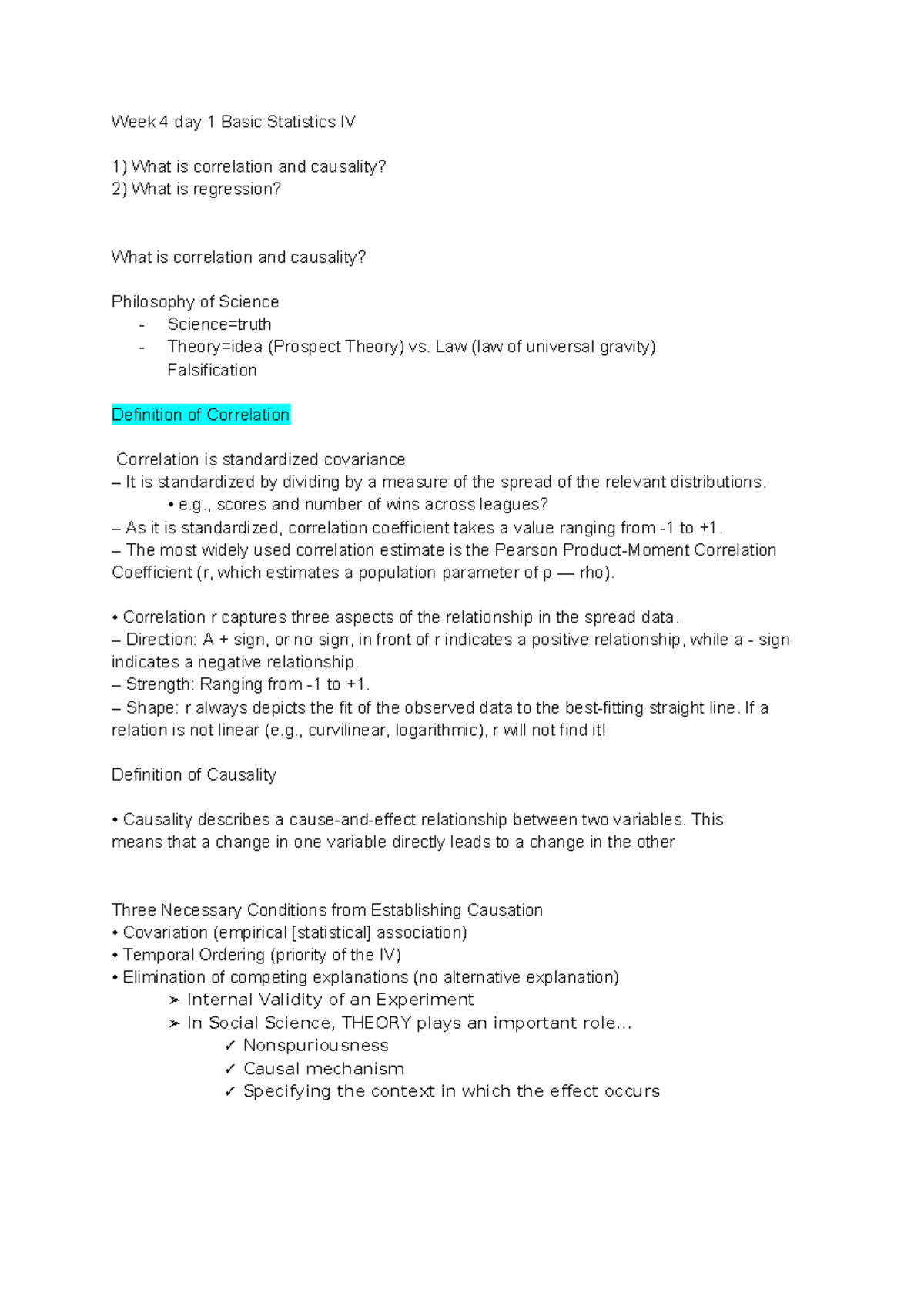 Basic Statistics IV: Correlation, Causality & Regression Concepts - Studocu