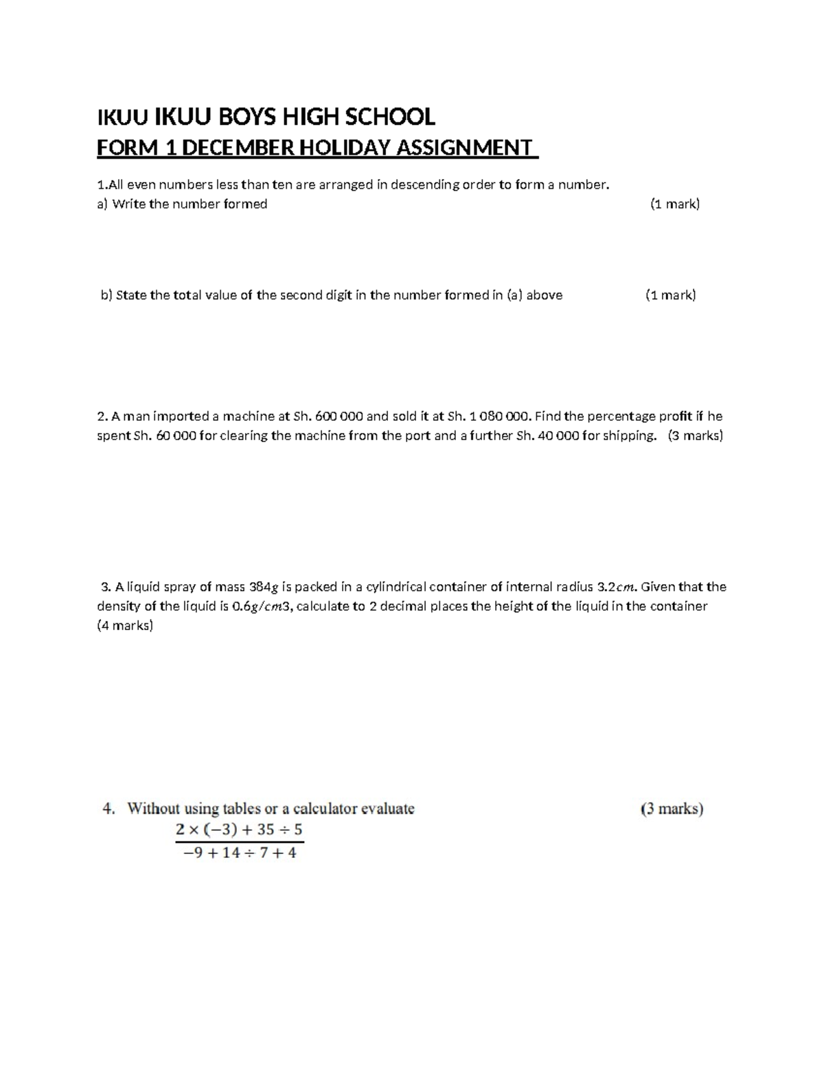 FORM 1 MATHEMATICS DECEMBER HOLIDAY ASSIGNMENT - Studocu