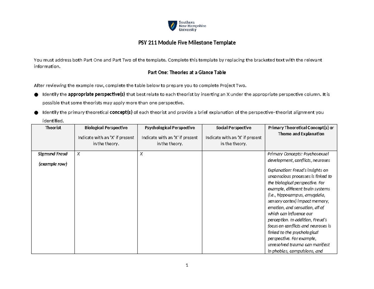 PSY 211 Module Five Milestone Template: Theories at a Glance Analysis ...