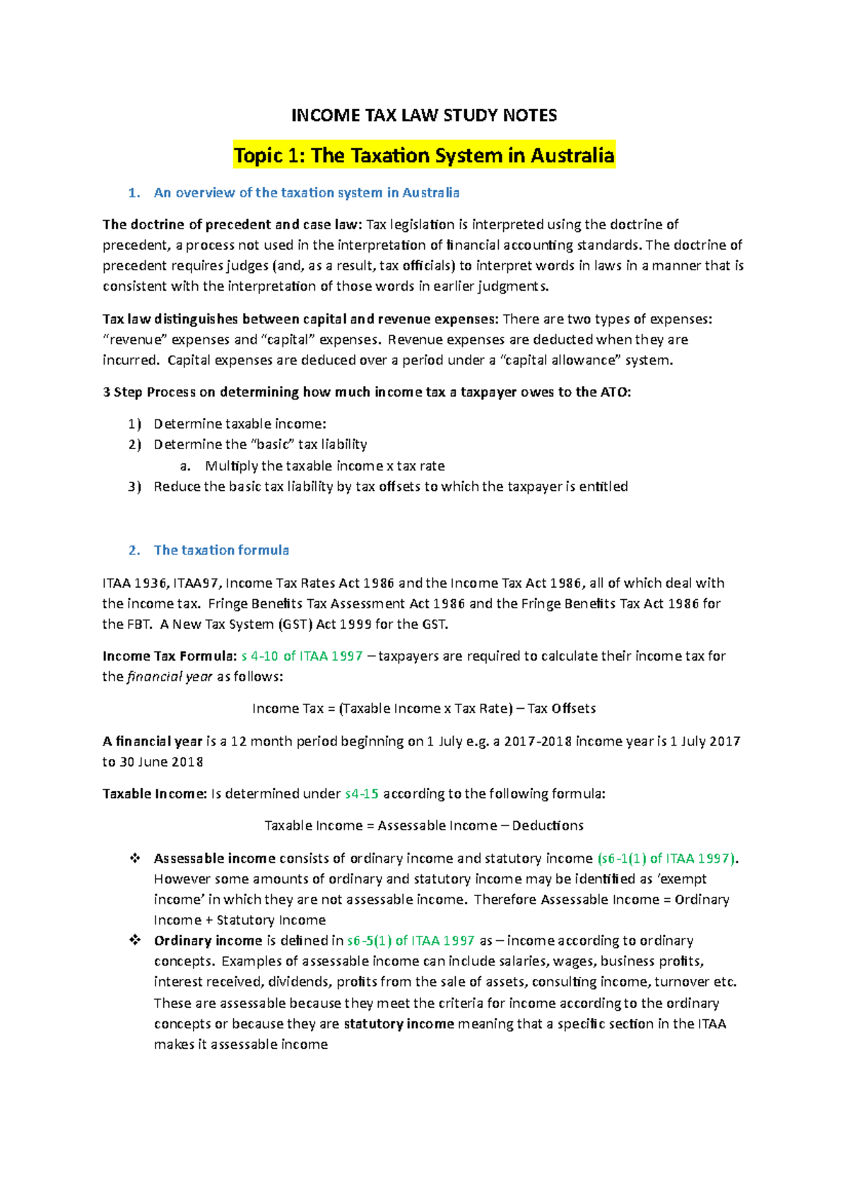 LAWS3101 Income Tax Law Study Notes: Overview and Key Concepts - Studocu
