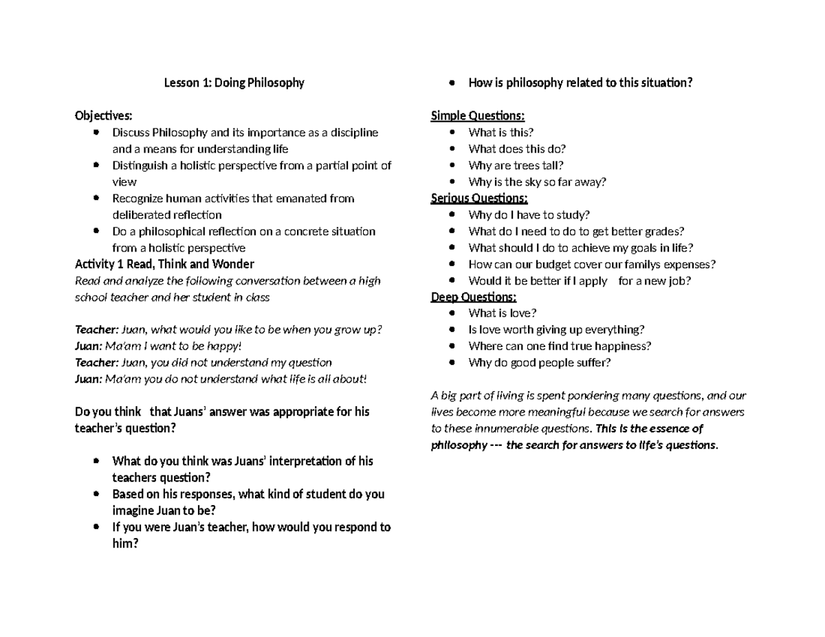 Lesson 1: Exploring Philosophy's Importance and Holistic Thinking - Studocu