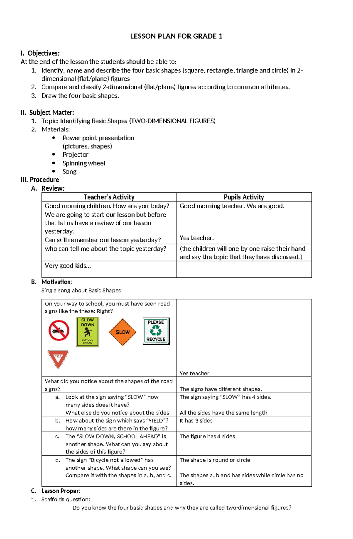 Grade 1 Lesson Plan: Identifying Basic Shapes and Figures - Studocu
