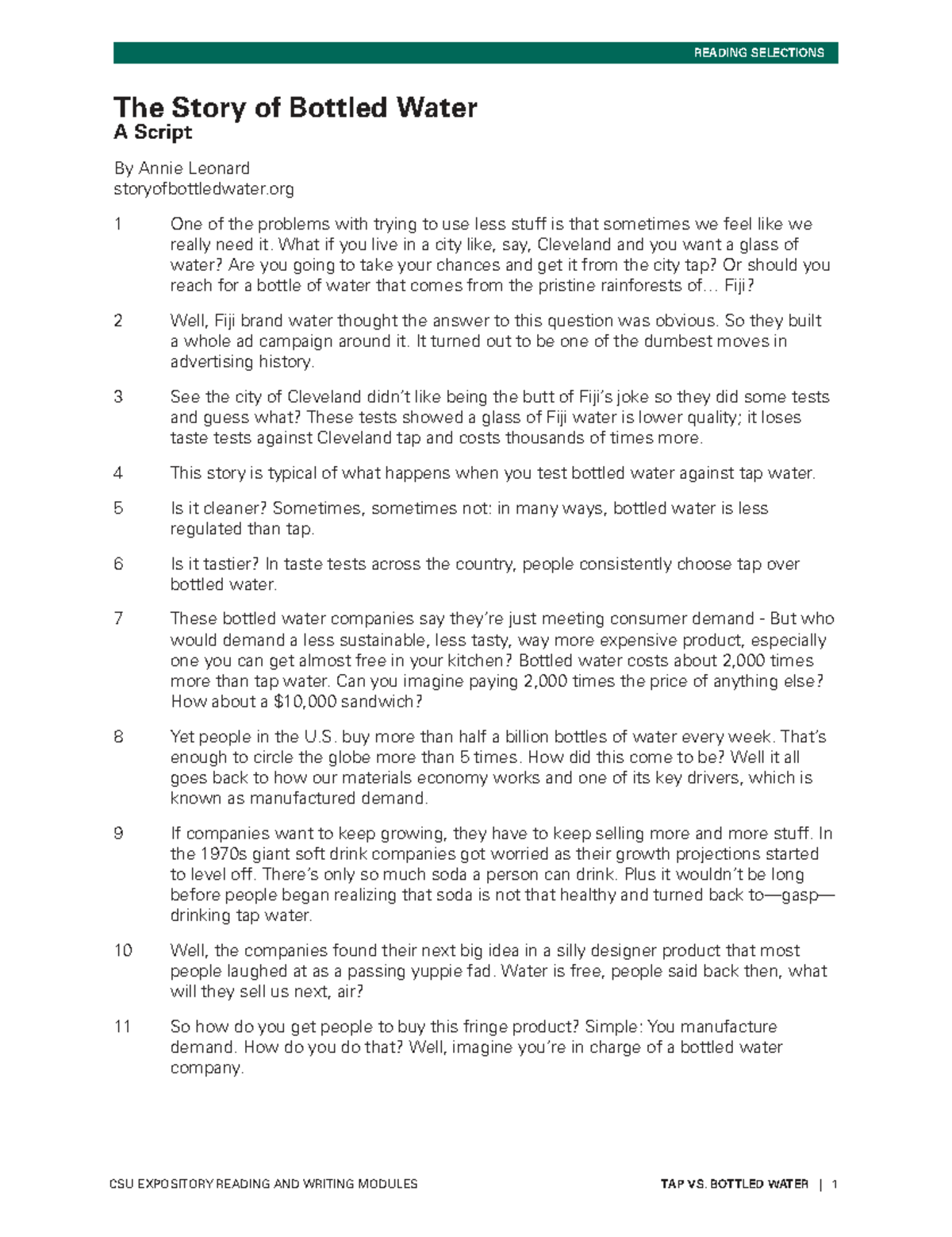 CSU EXPOSITORY READING AND WRITING MODULES: Tap vs. Bottled Water ...