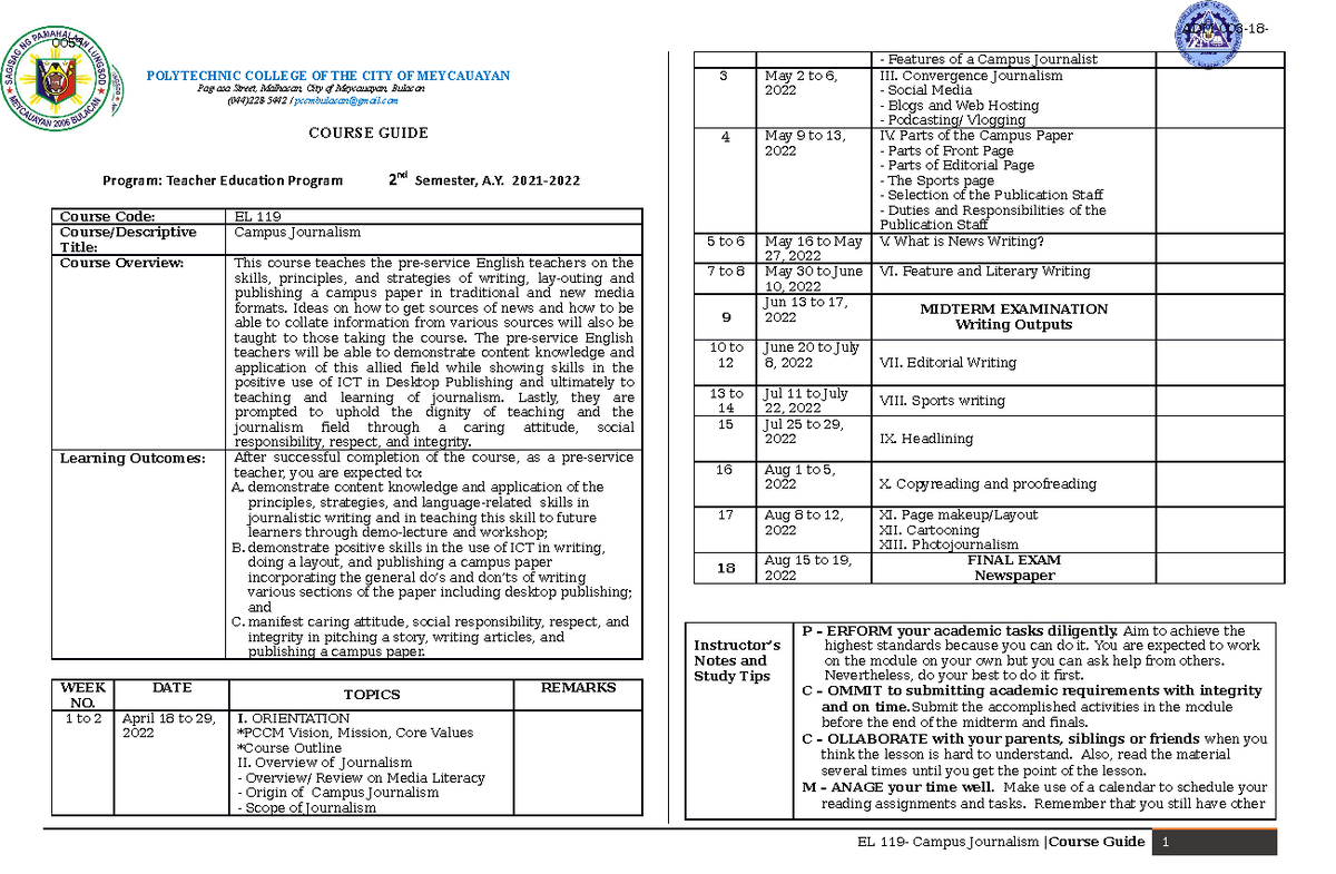 CG - EL 119 - Curriculum Guide for english majors taking secondary ...