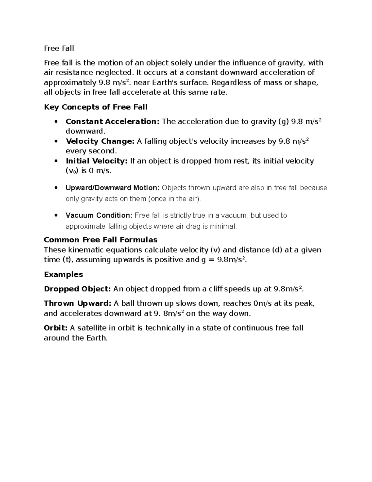 Free Fall Concepts and Formulas - Physics 101 - Studocu