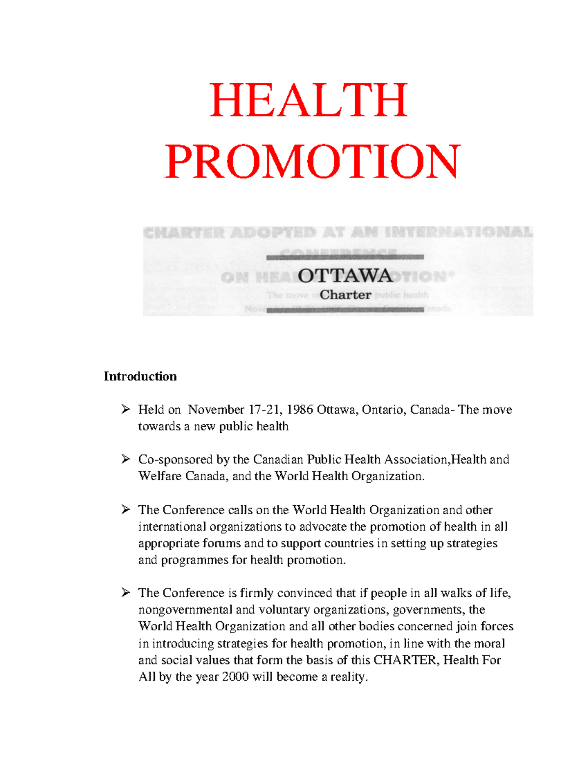Ottawa Charter of Health Promotion: Key Strategies and Insights - Studocu