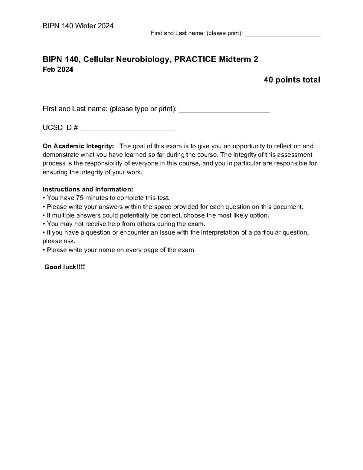 BIPN140 Practice Midterm 2 Preparation Notes for Cellular Neurobiology ...
