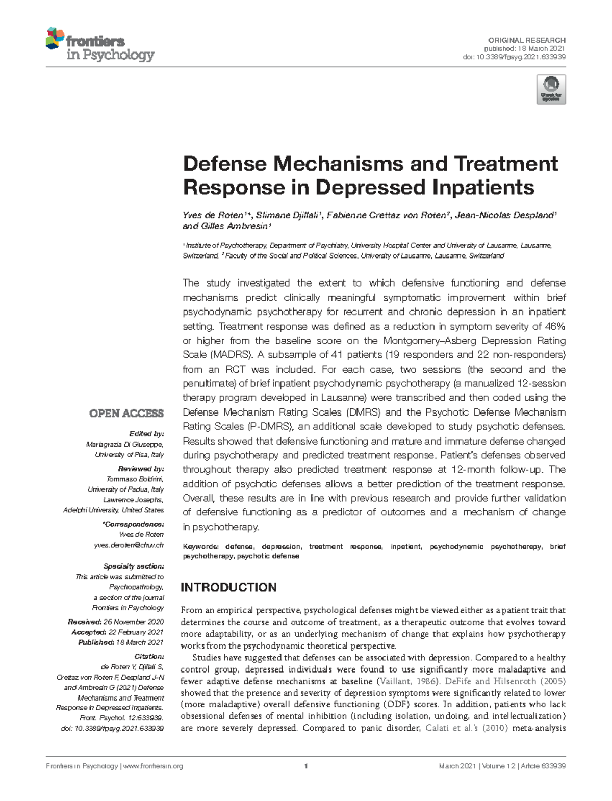 Defense Mechanisms and Treatment Response in Depressed Inpatients: A ...
