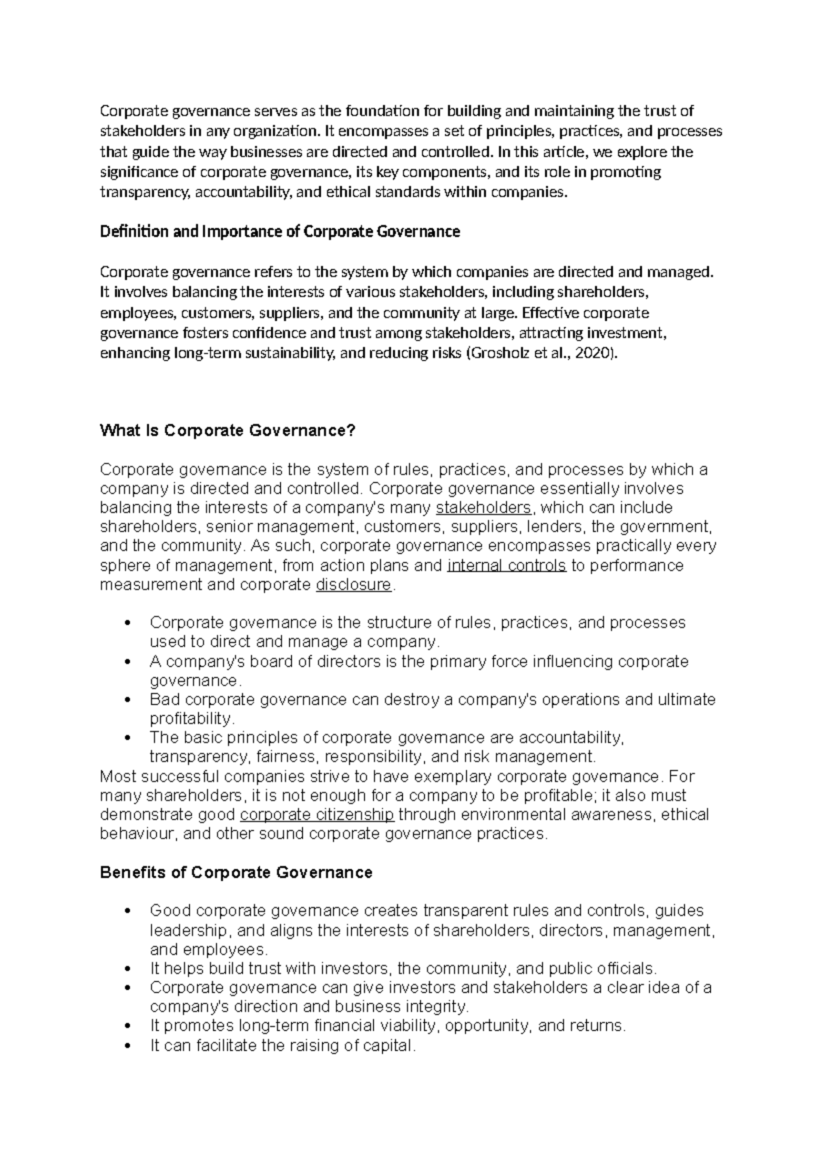 Corporate Governance - NOTES - Corporate governance serves as the ...
