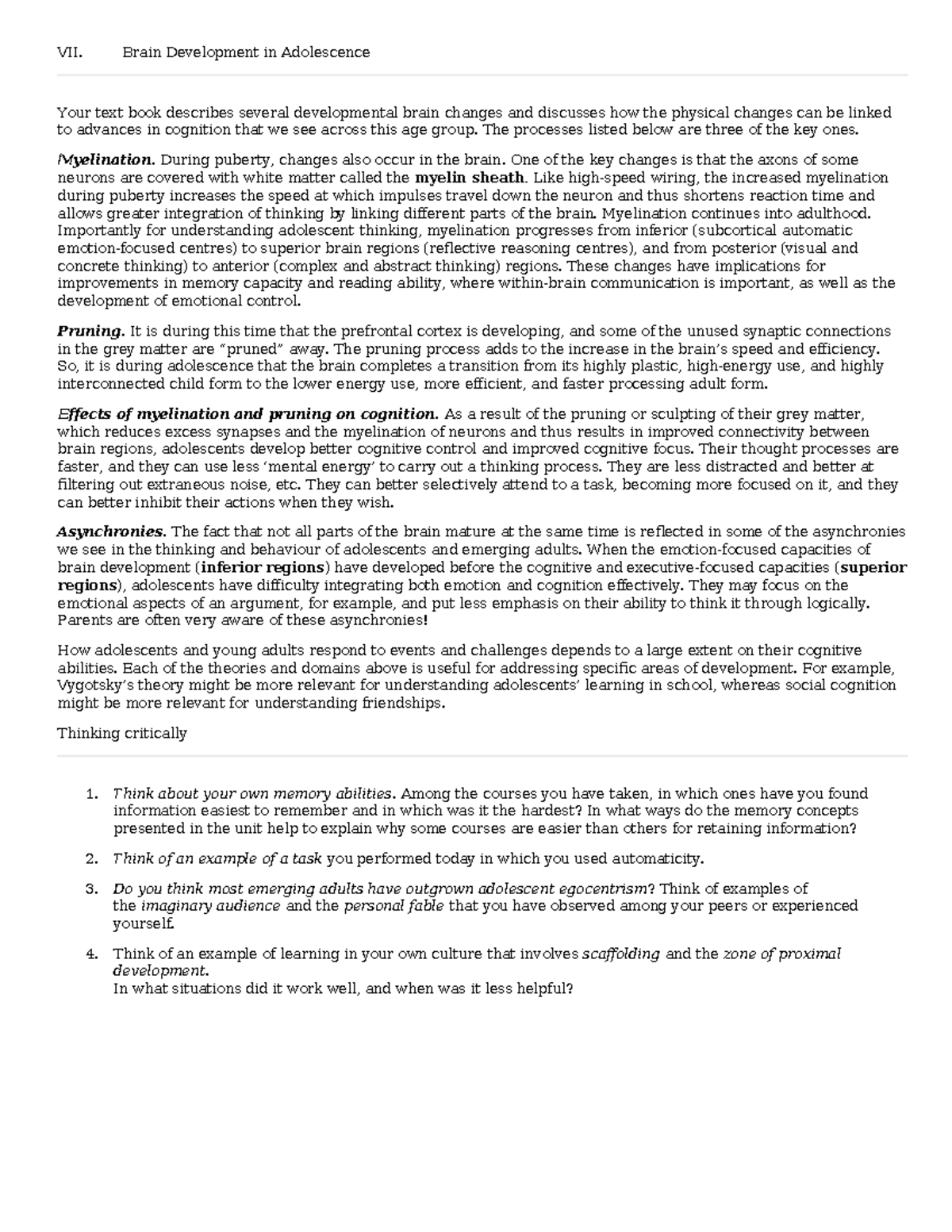 PSYC 3310 Unit 3: Brain Development in Adolescence Notes - Studocu