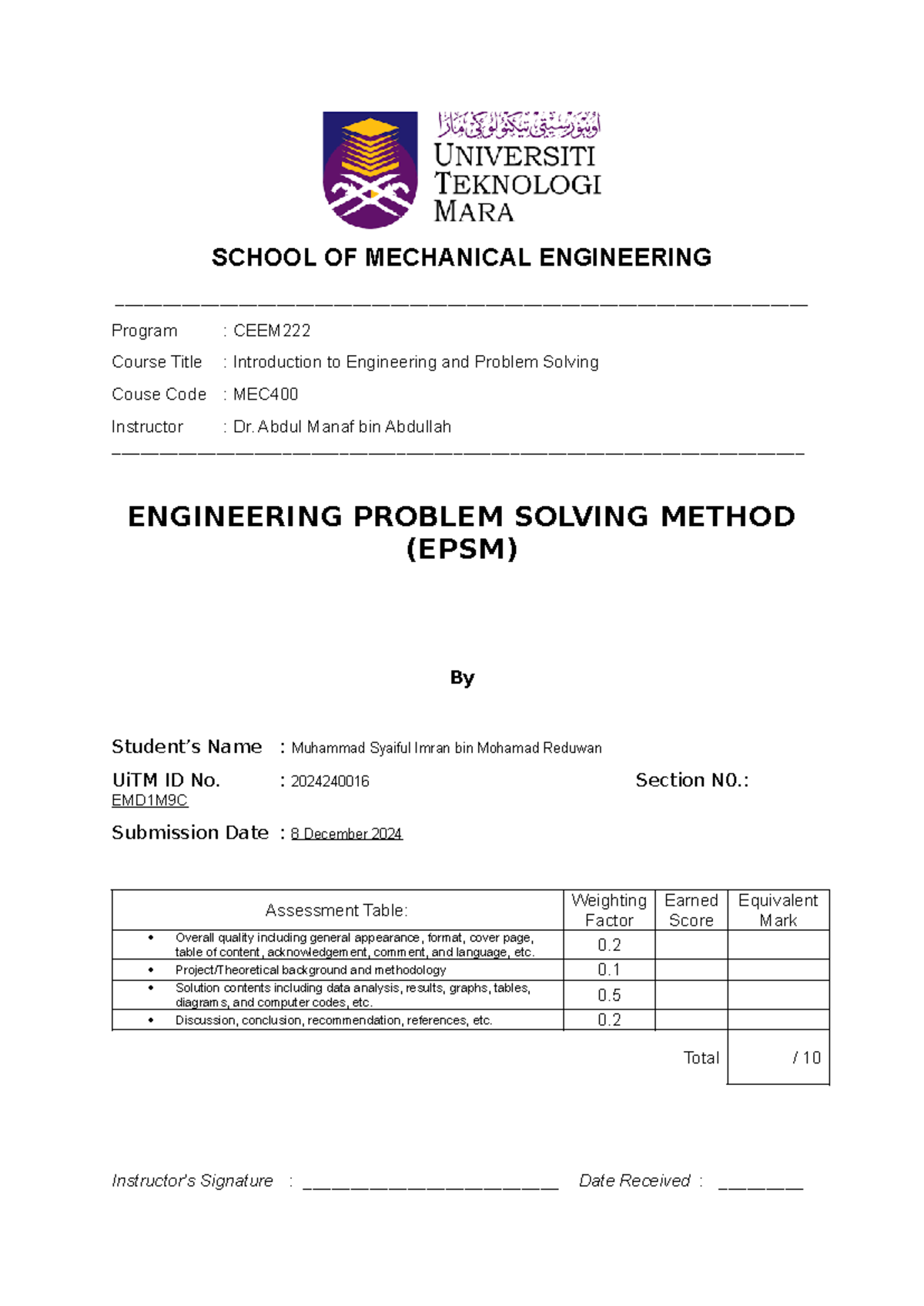 MEC400 LAB 4 EPSM - Engineering Problem Solving Method Analysis - Studocu