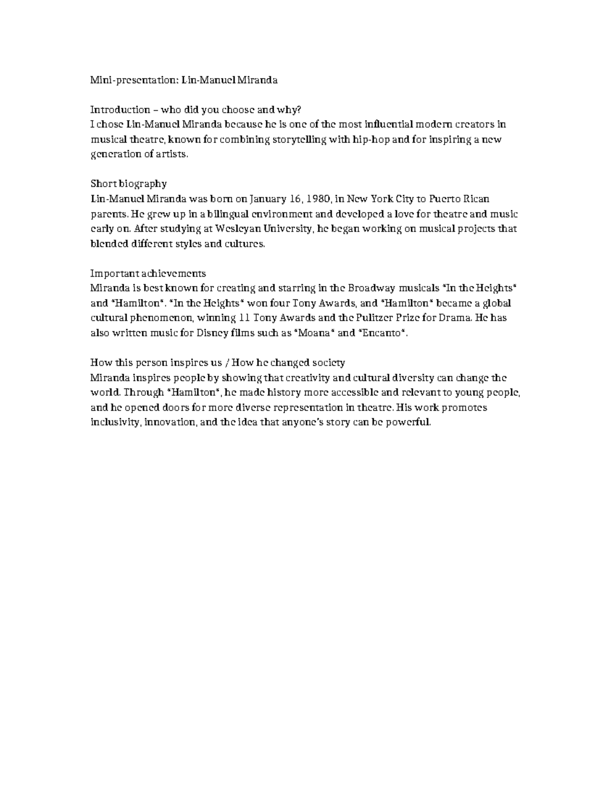 Lin Manuel Miranda Mini Presentation: Impact on Modern Theatre ...