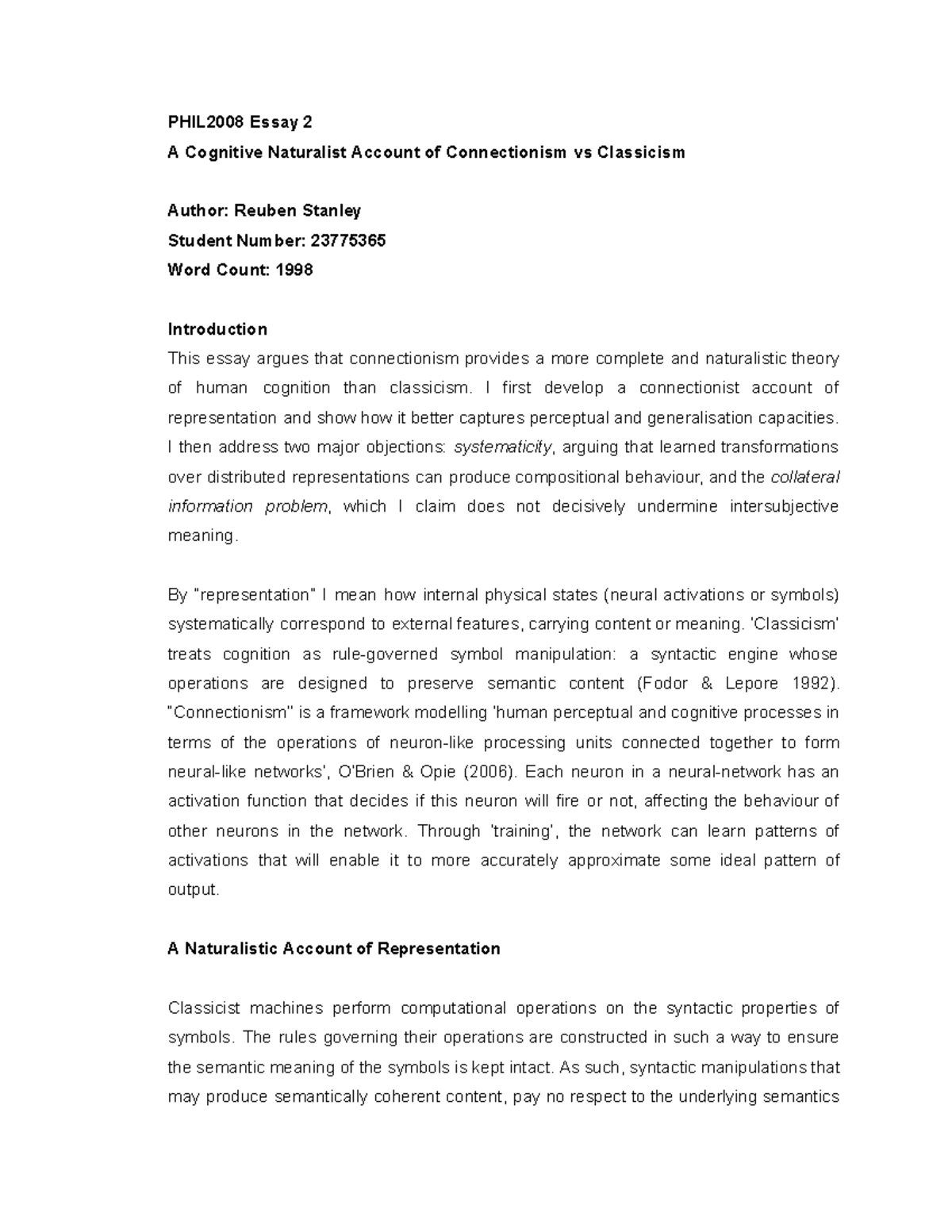 PHIL2008 Essay 2: Connectionism vs Classicism in Human Cognition - Studocu
