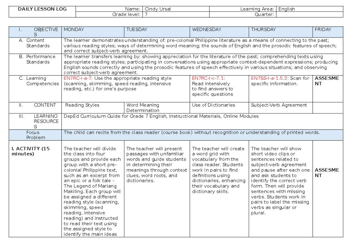 Grade 7 English Daily Lesson Log: Understanding Reading Styles - Studocu