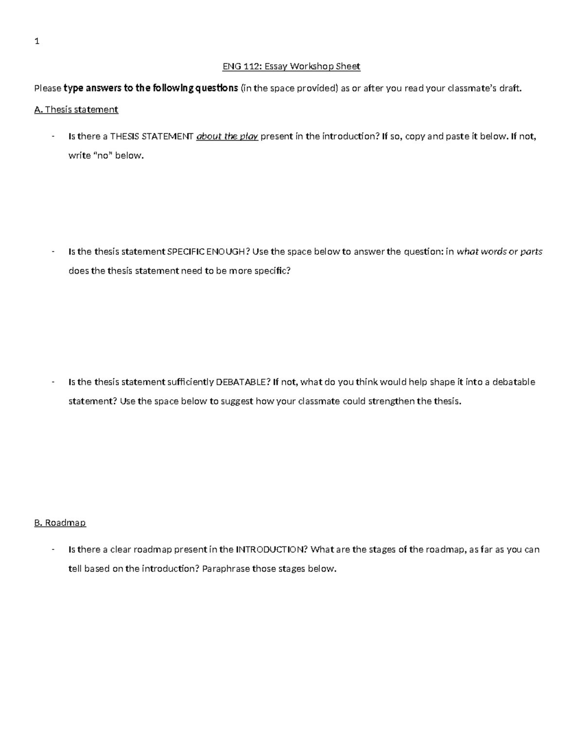 ENG 112: Essay Workshop Guide for Thesis and Structure - Studocu