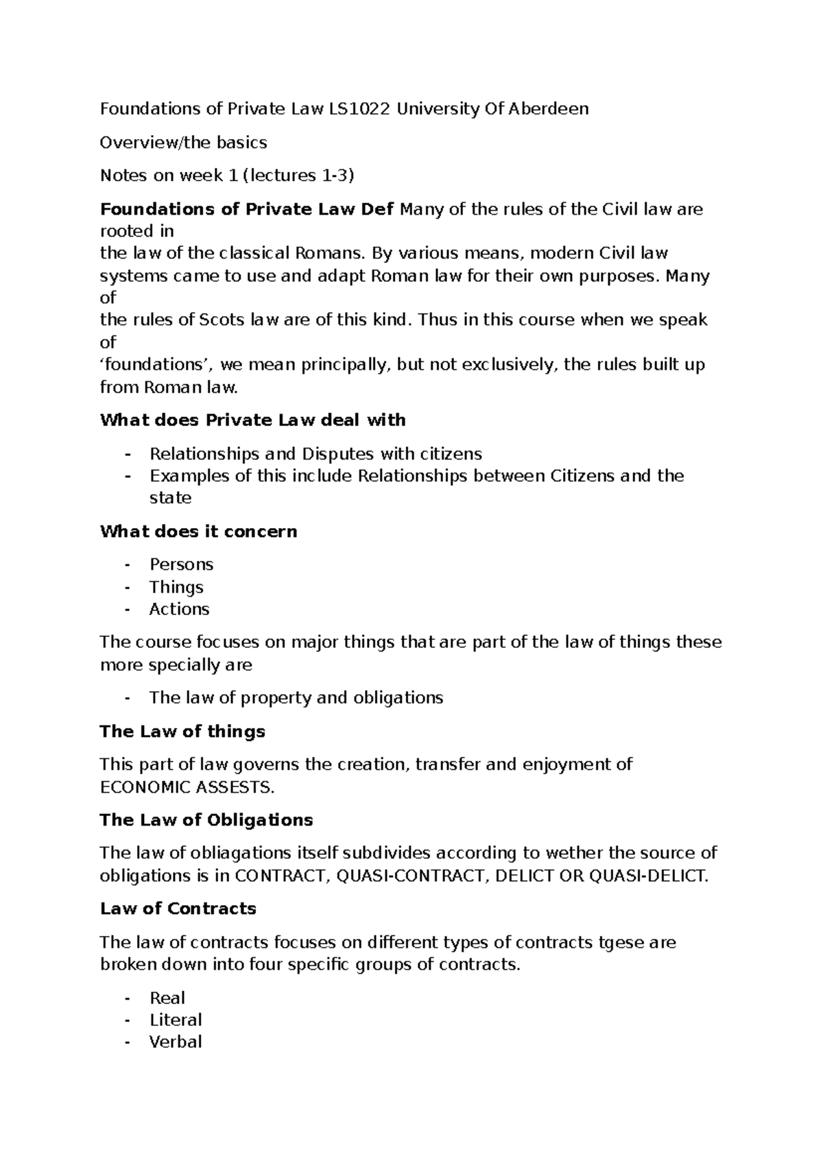 Basics of Private Law - Basic notes/Overview Lectures 1-3 - Foundations ...