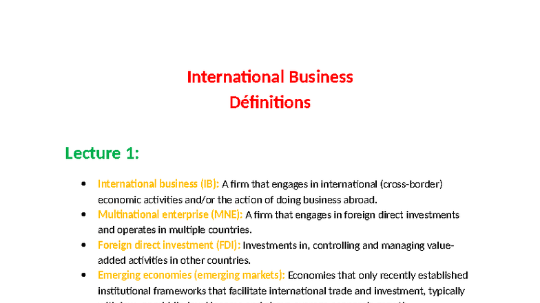 IB - Lecture 1: Key Definitions in International Business - Studeersnel