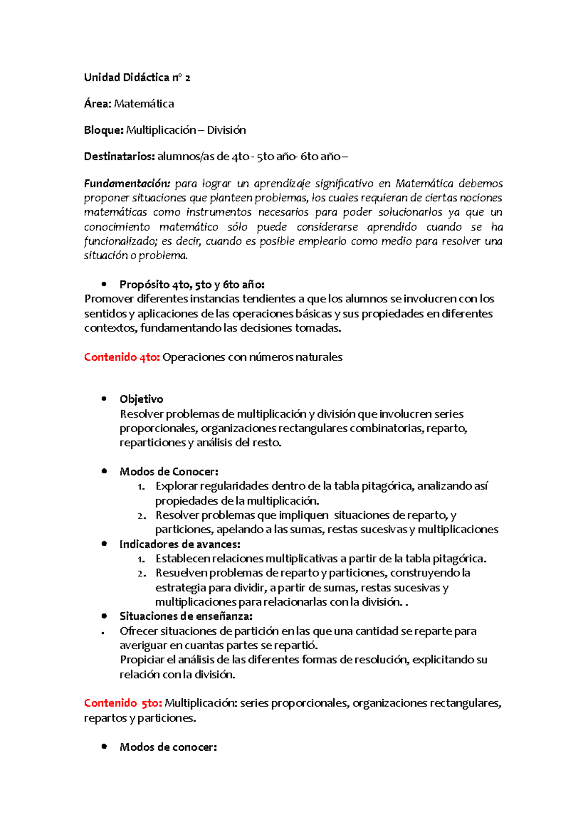Unidad Didáctica 3: Multiplicación y División para 4to a 6to Año - Studocu