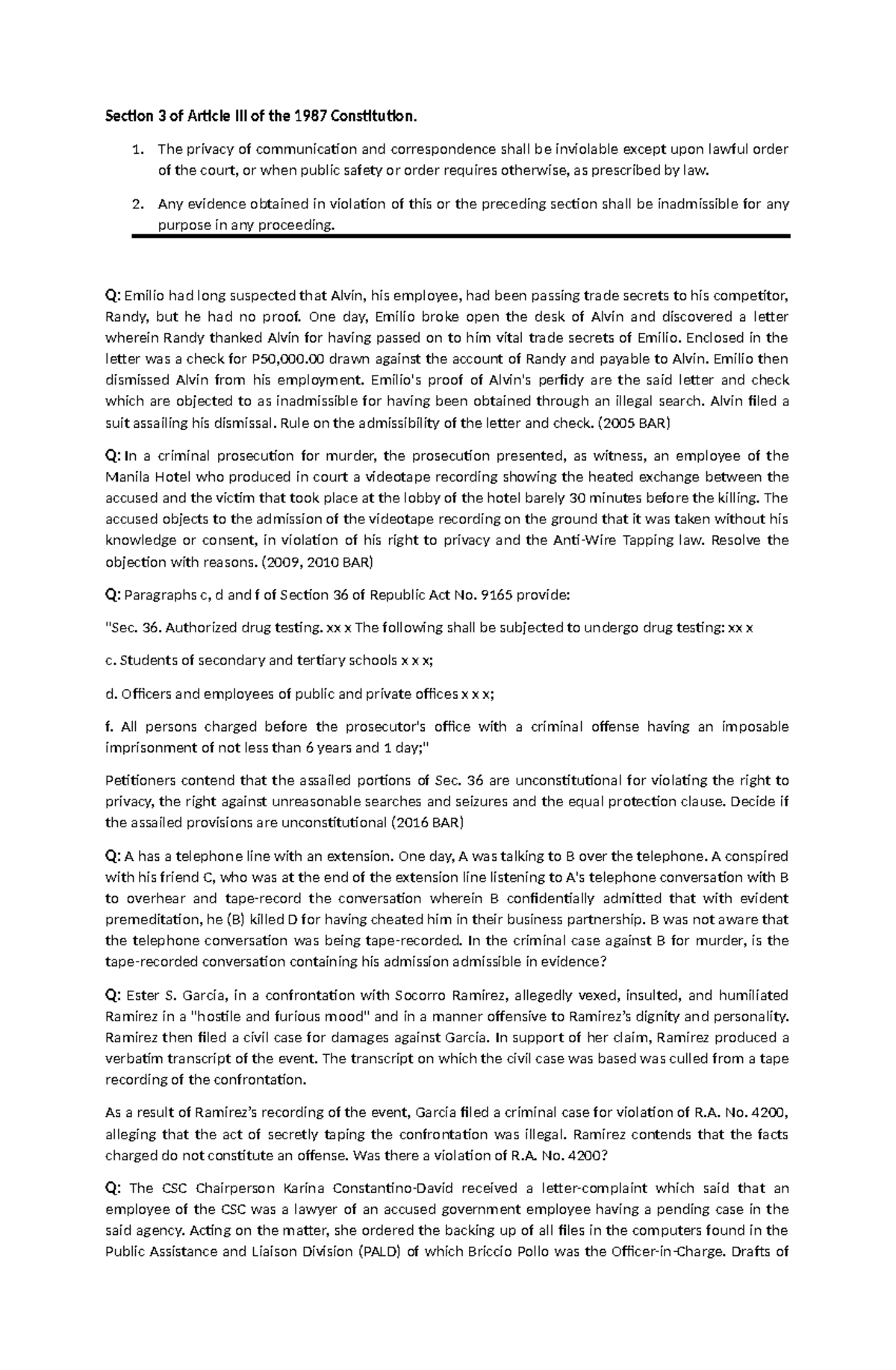 BAR Qs - Examining Privacy Rights under Article III, Sec. 3 (1987 Const ...